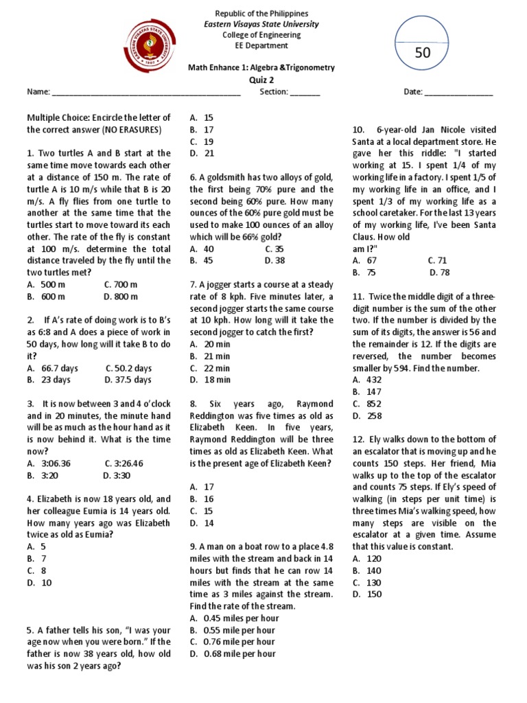 Math Enhance Quiz | PDF | Electric Power Transmission | Speed