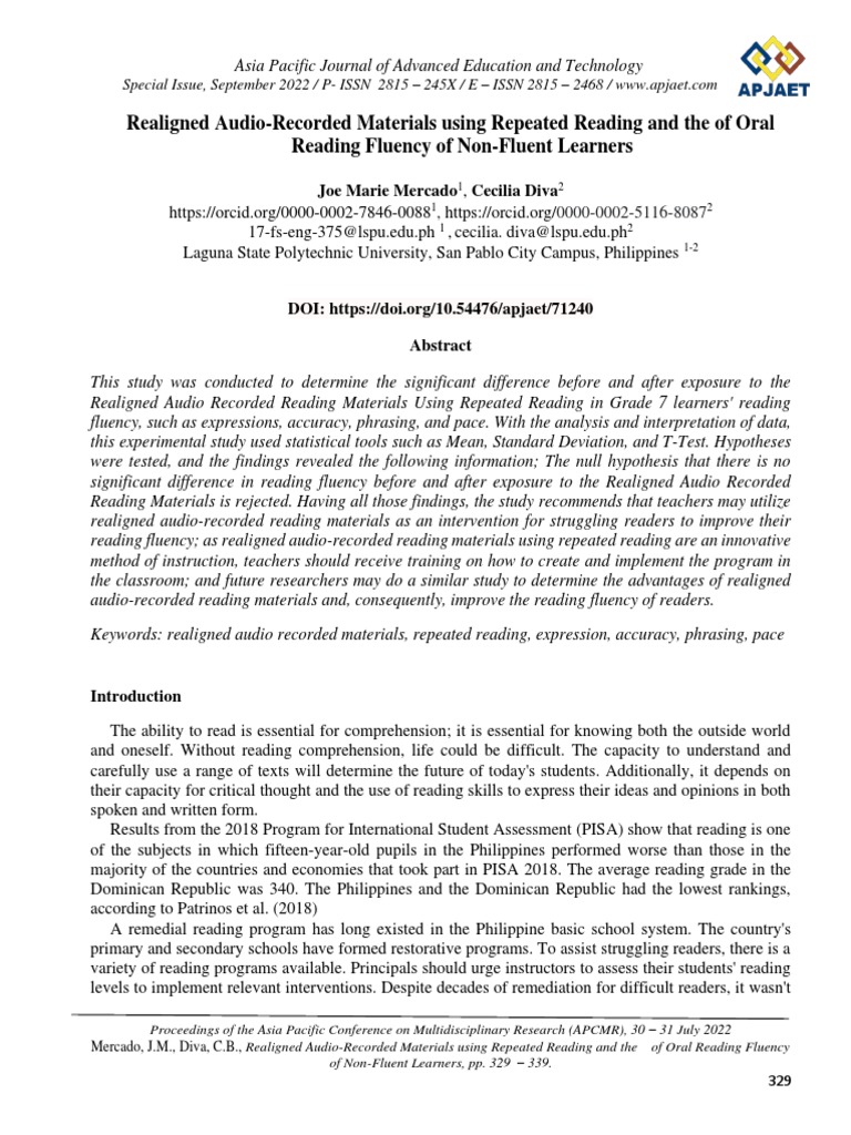 Realigned Audio-Recorded Materials Using Repeated Reading and The of Oral Reading Fluency of Non ...