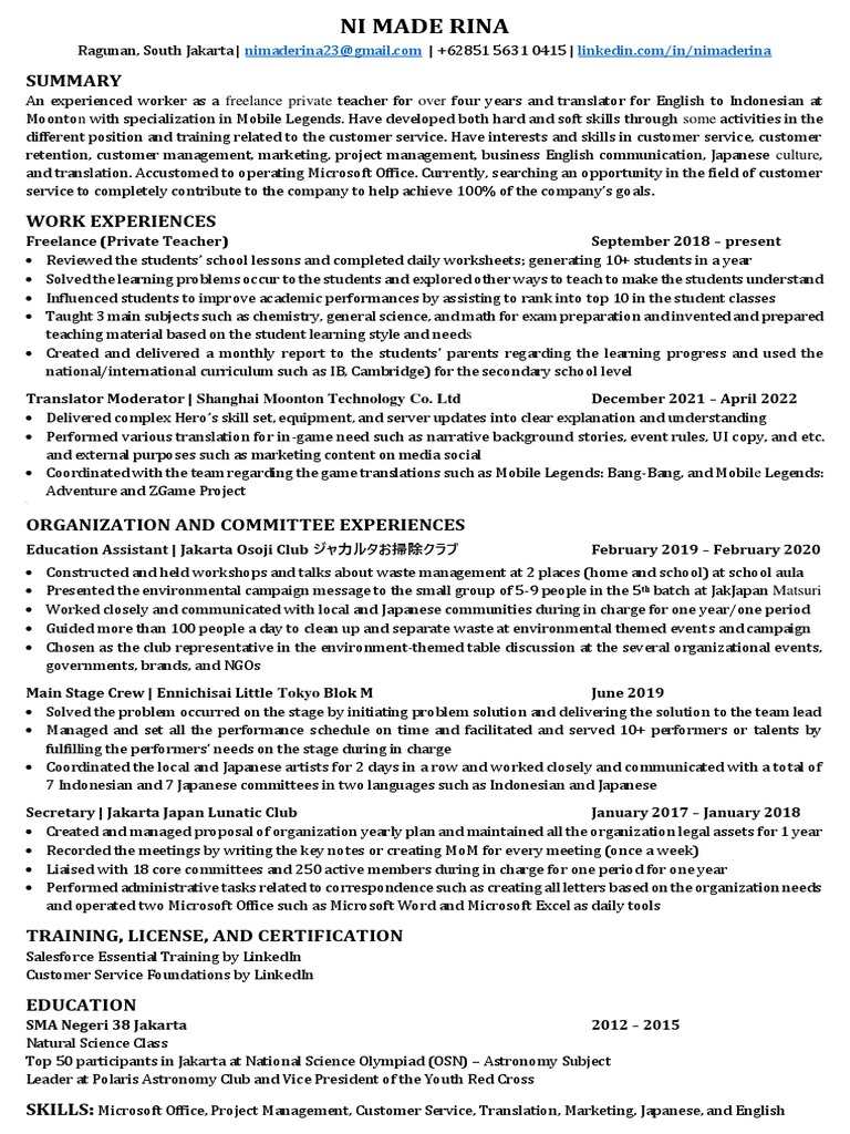 CV Ni Made Rina | PDF | Teachers | Teaching Method