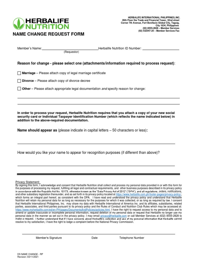 Herbalife Name Change Request Form | PDF | Privacy | Privacy Policy