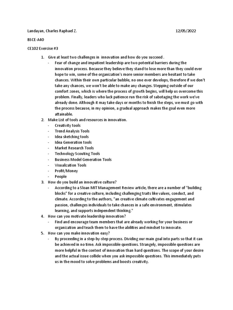 CE102 Exercise #3 | PDF | Innovation | Creativity