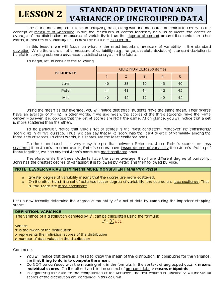 Standard Deviation of Ungrouped Data | PDF | Variance | Standard Deviation