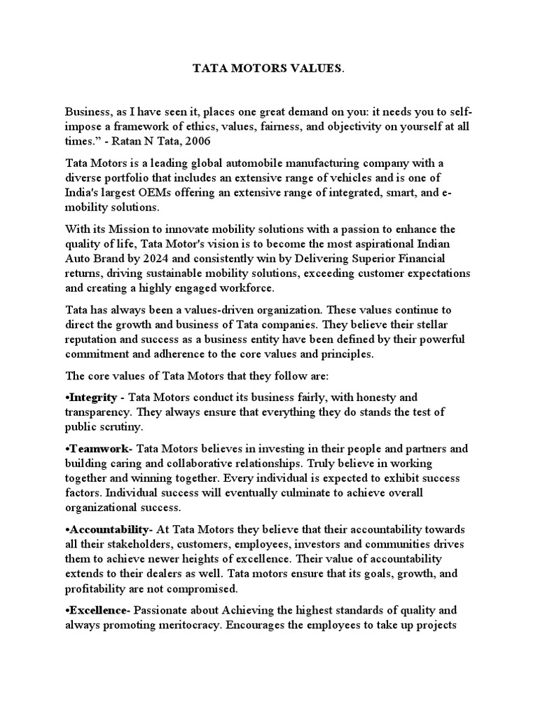 Tata Motors Values | PDF | Reputation | Business