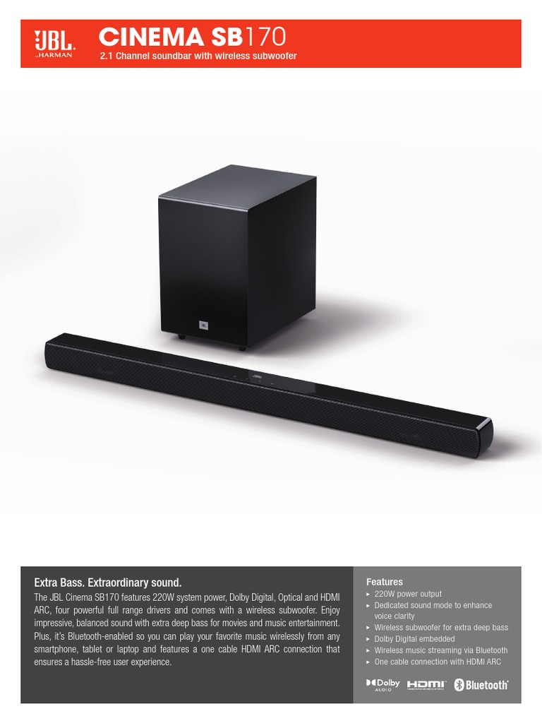 JBL Cinema SB170 SpecSheet English | PDF | Hdmi | Bluetooth