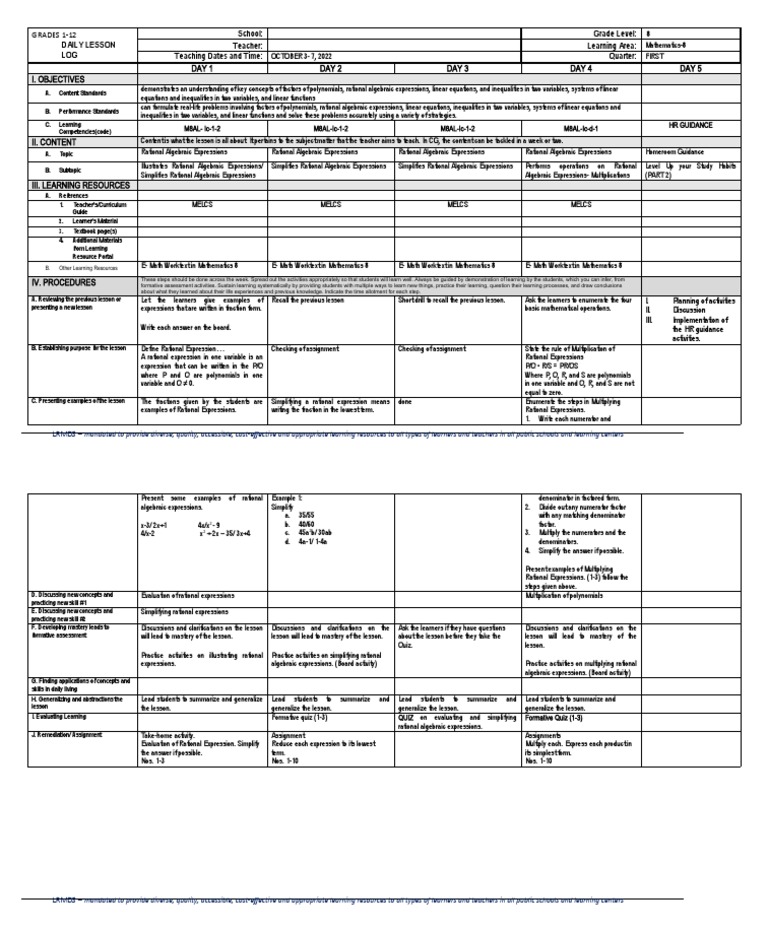 DLL Math 8-1 | PDF | Equations | Mathematics