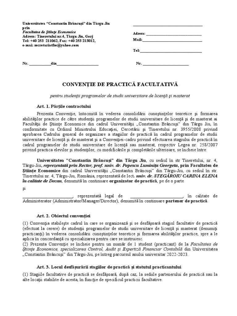 Model Conventie Practica Facultativa | PDF