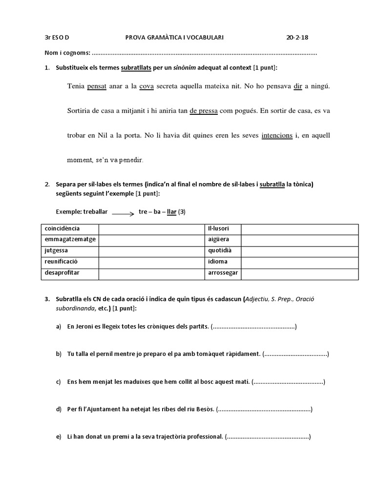 3r ESO D PROVA GRAMÀTICA I VOCABULARI | PDF