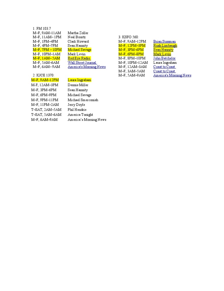 Weekly Talk Radio Schedule | PDF