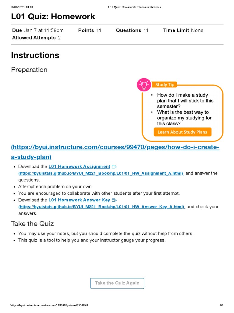 L01 Quiz - Homework - Business Statistics | PDF | Statistics | Quiz