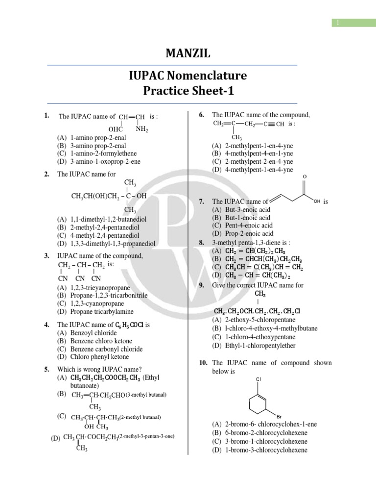 IUPAC Nomenclature Practice Questions | PDF | Methyl Group | Organic ...