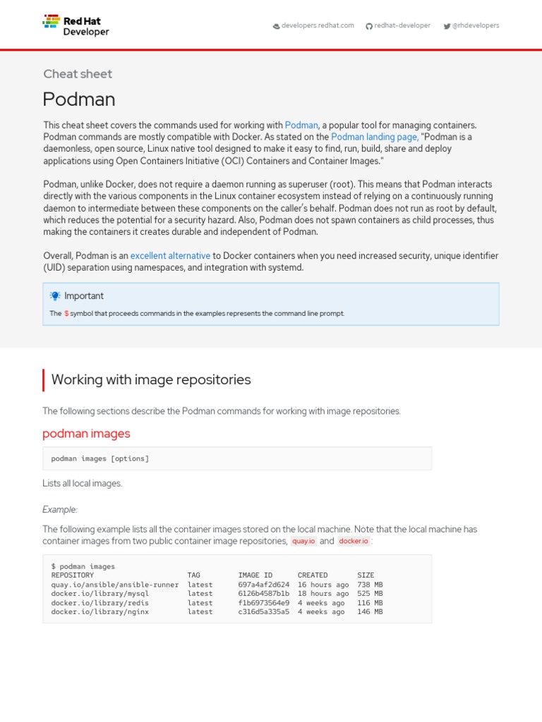 Podman Basics Cheatsheet RedHat Developer | PDF | Login | User (Computing) Podman Basics Cheatsheet RedHat Developer | PDF | Login | User (Computing)