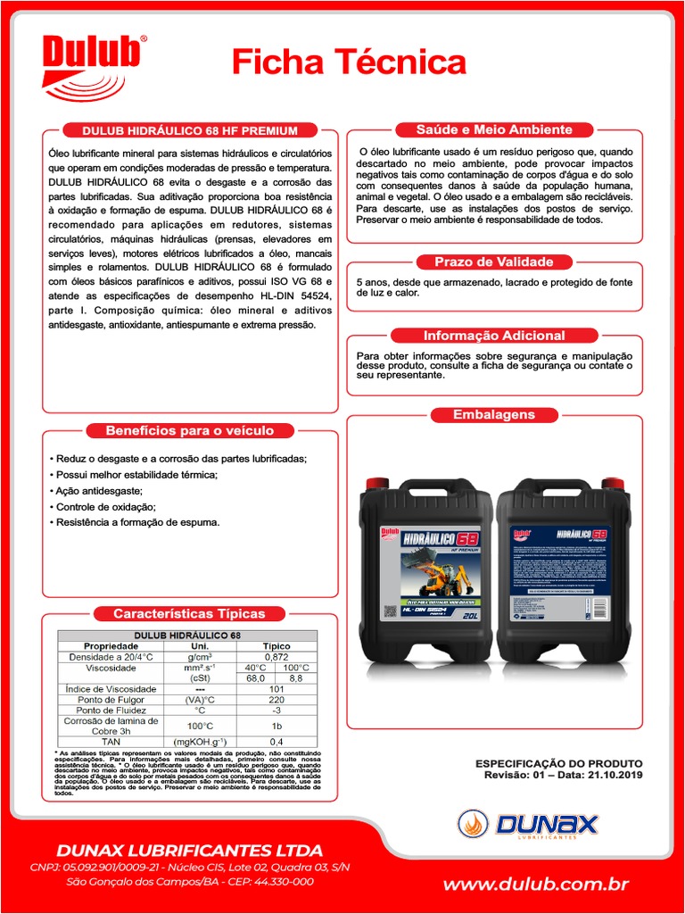 Ficha Técnica - Dulub Hidráulico 68 | PDF | Óleo de motor | Embalagem e rotulagem