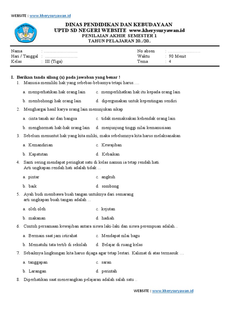 SOAL& Jawaban PAS KLS 3 TEMA 4 Ver. 1 - WEBSITE WWW - Kherysuryawan.id | PDF