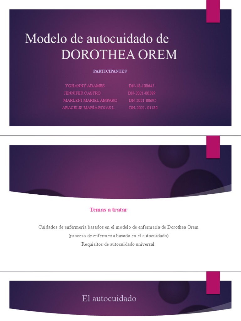 MODELO DE ENFERMERIA DE AUTOCUIDADO Dorothea Orem | PDF | Enfermería | Ciencias de la Salud