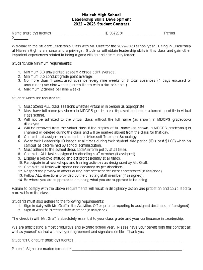 Hialeah High Leadership Class Contract | PDF | Career & Growth