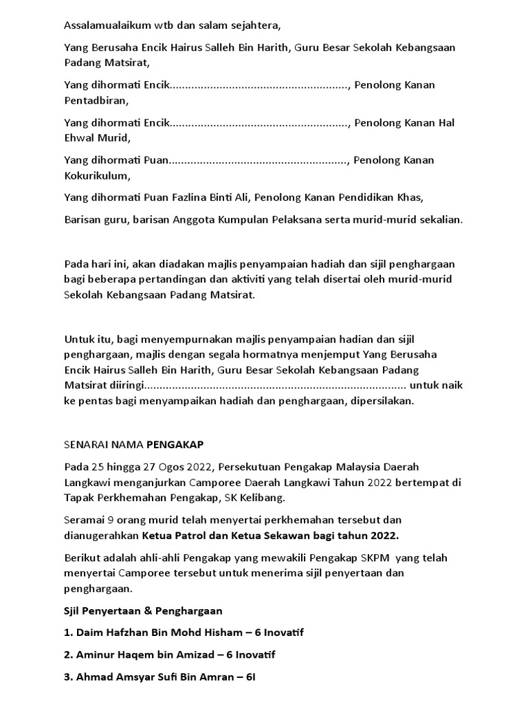 SENARAI NAMA SIJIL PENGAKAP & KOKU SKPM 2022 | PDF