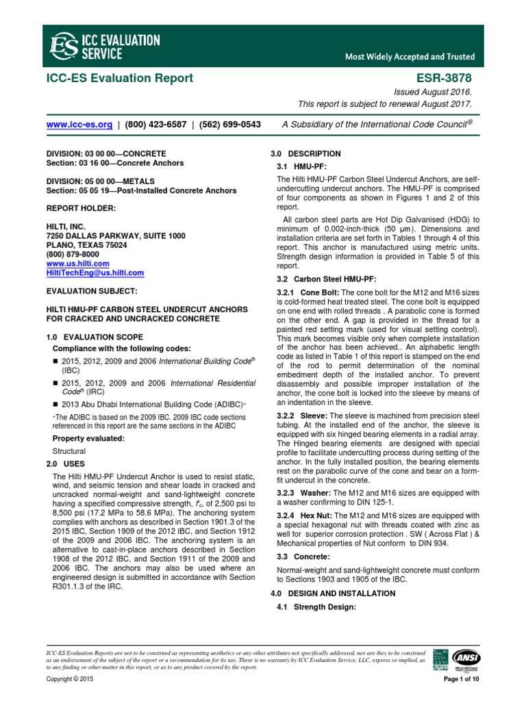 Hmu Icc-Es Esr-3878 | PDF | Strength Of Materials | Concrete