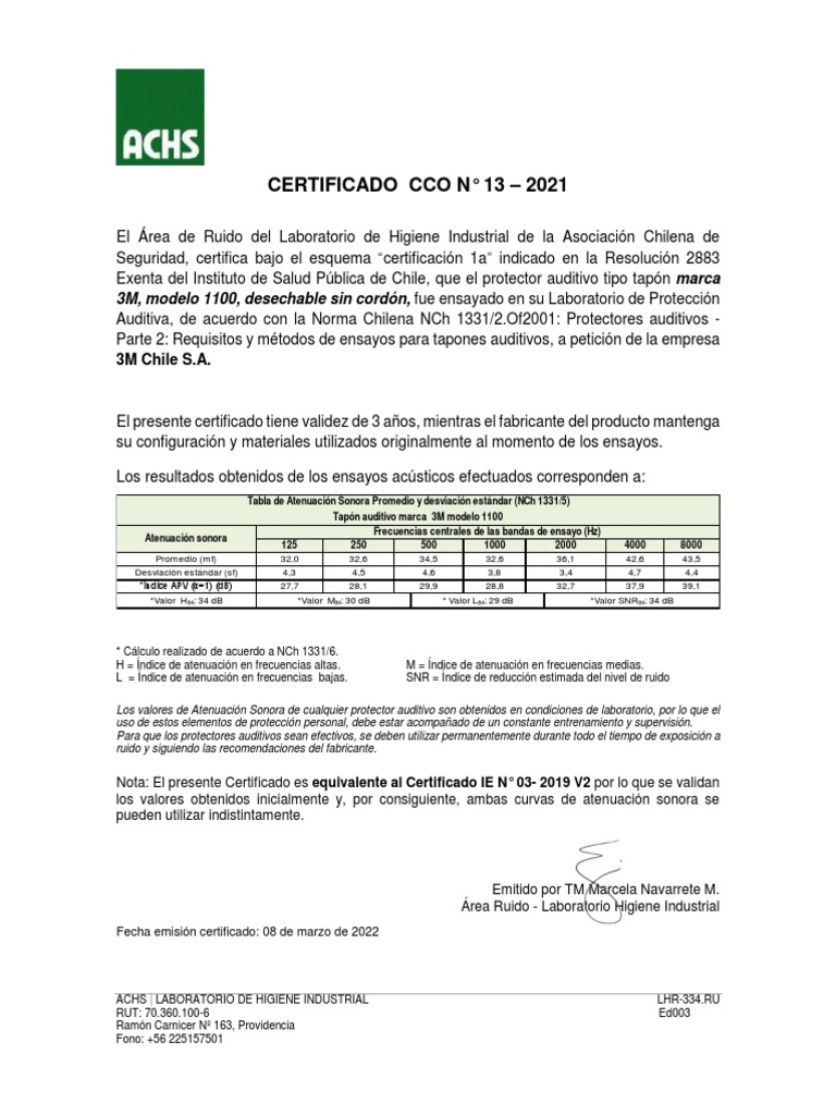 Certificado Calidad Tapon Auditivo Desechable Espuma Sin Cordon 51095 1 | PDF | Ciencias de la ...