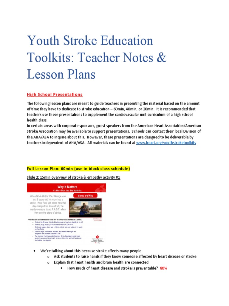 Youth Stroke Teacher Notes Lesson Plans | PDF | Stroke | Ischemia