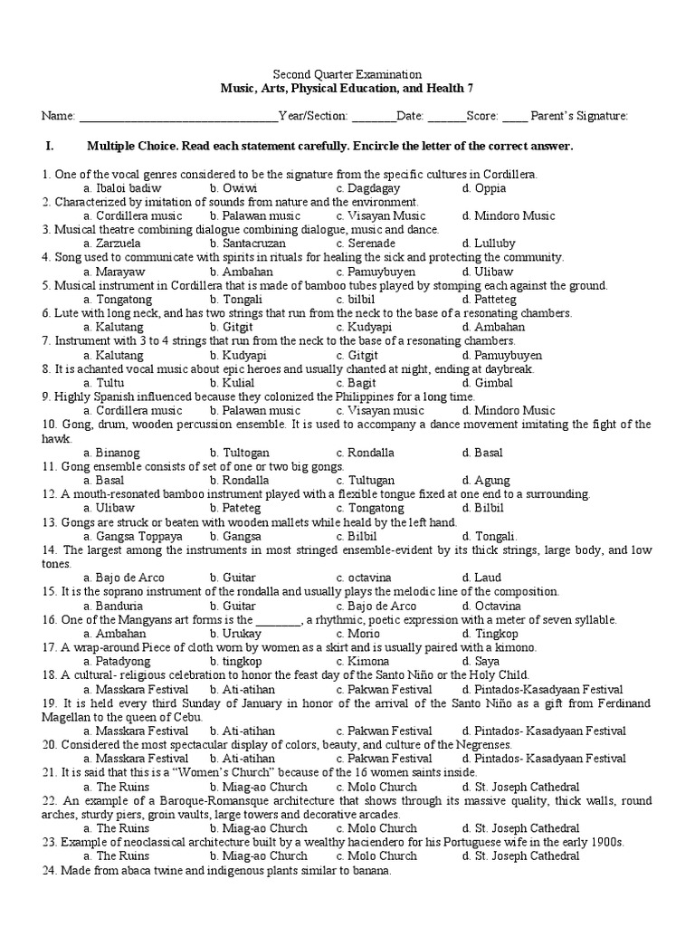 MAPEH 7 1st QE 2018 | PDF