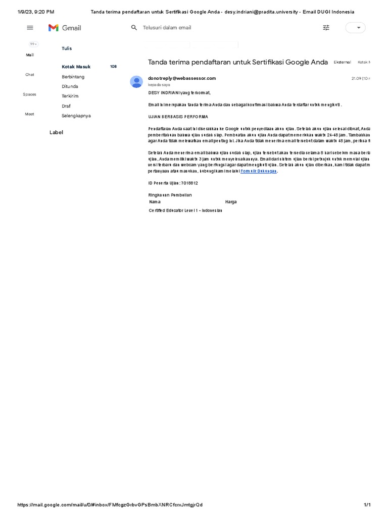 Tanda Terima Pendaftaran Untuk Sertifikasi Google Anda - Desy - Indriani@pradita - University ...