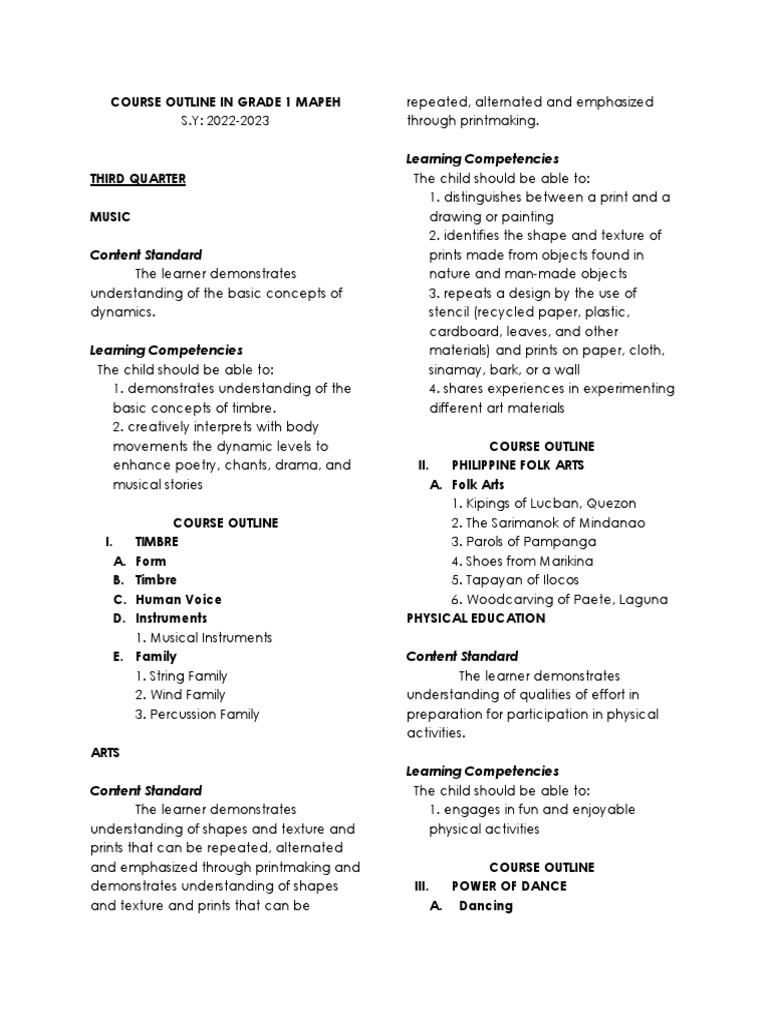 Course Outline in Grade 1 Mapeh | PDF | Learning