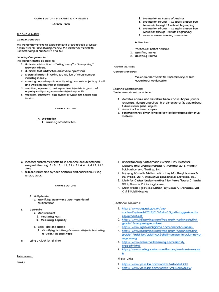 Course Outline in Grade 1 Mathematics | PDF | Subtraction | Mathematics