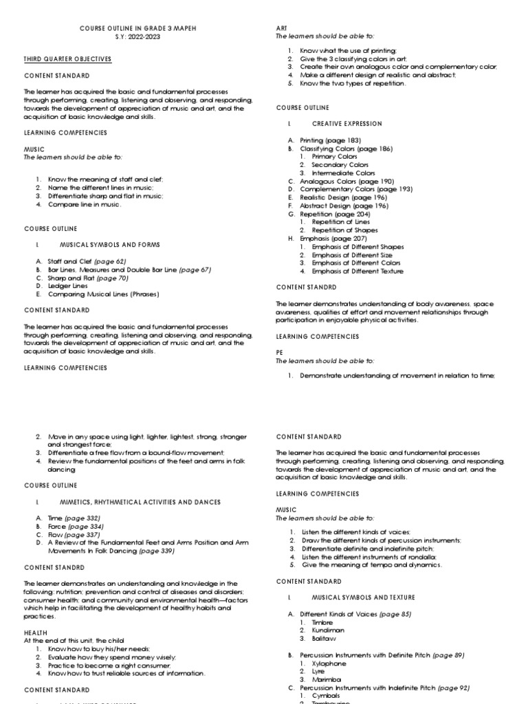 Grade 3 MAPEH Course Outline 2022-2023 | PDF | Learning | Cognitive Science