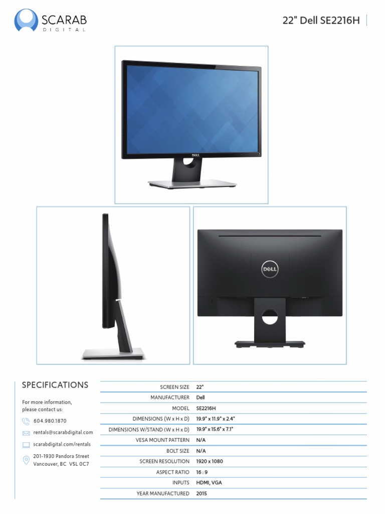 Dell SE2216H Monitor Specs Guide | PDF