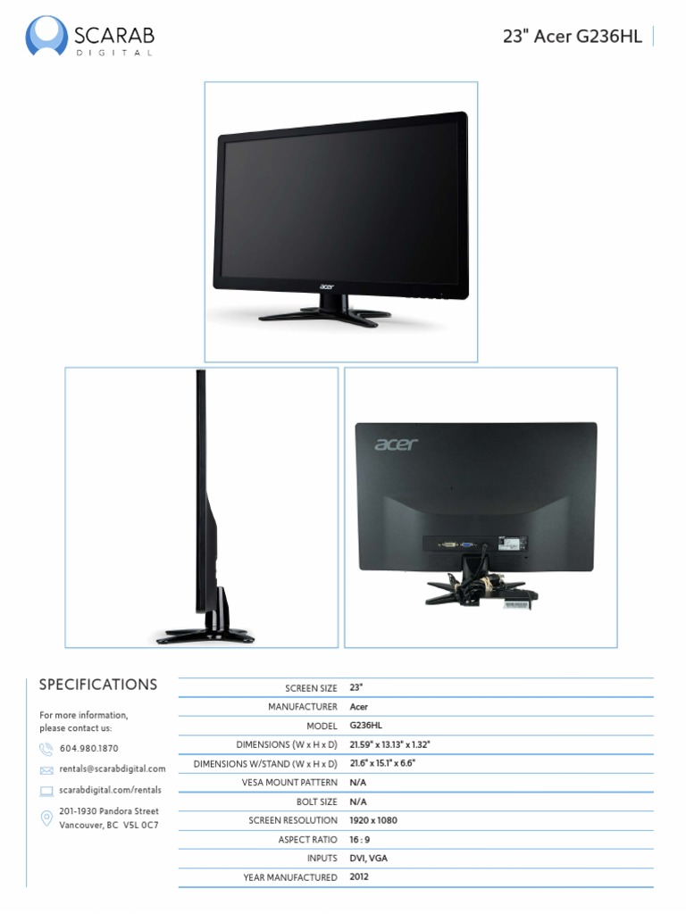 Acer G236HL 23" Monitor Specs | PDF