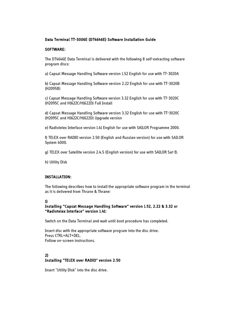 SAILOR Data Terminal TT-3006E (DT4646E) Software Installation Guide ...