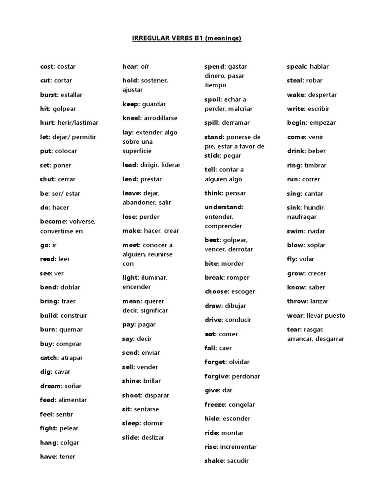 Irregular Verbs B1 - Unit 2 | PDF | Syntax | Grammar