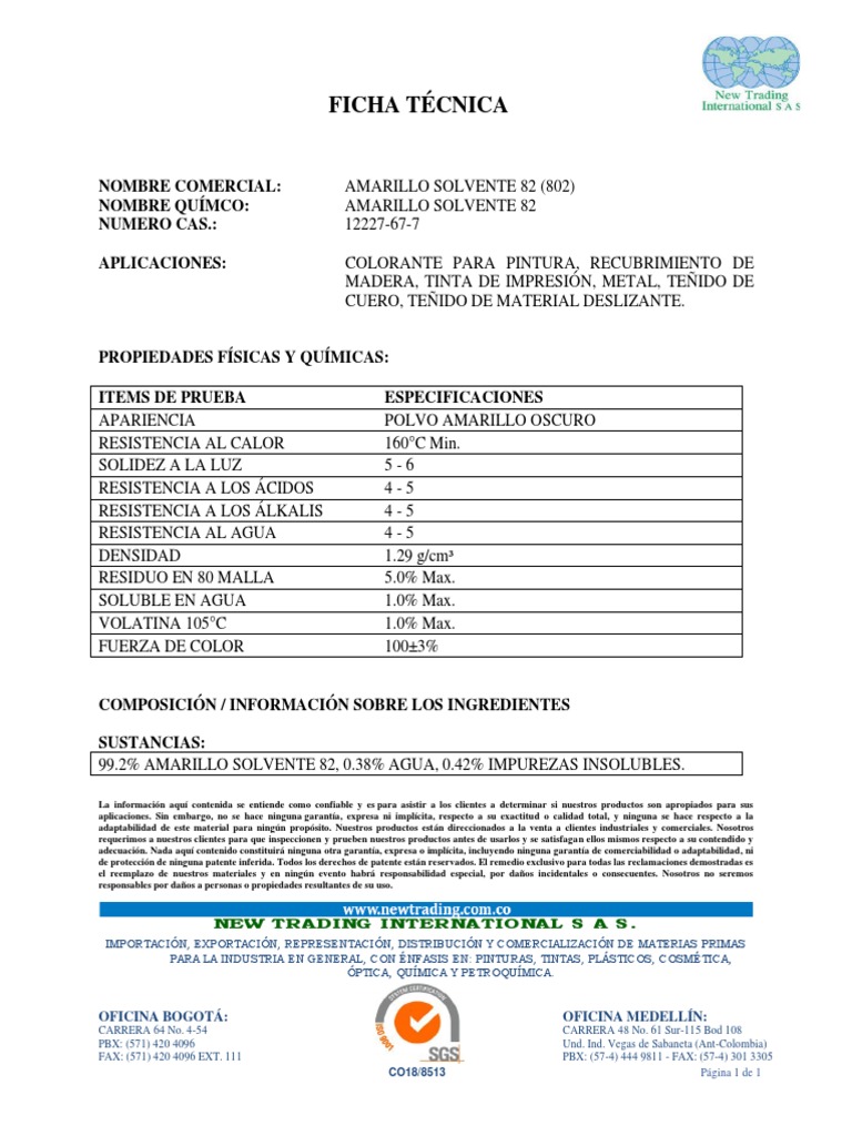 Ficha Tecnica Amarillo Solvente 82 | PDF