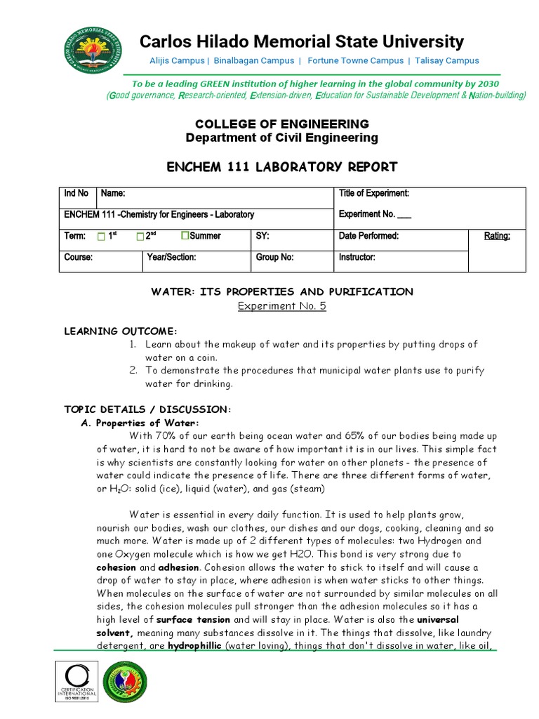 Water Properties and Purification Lab | PDF | Water | Water Purification