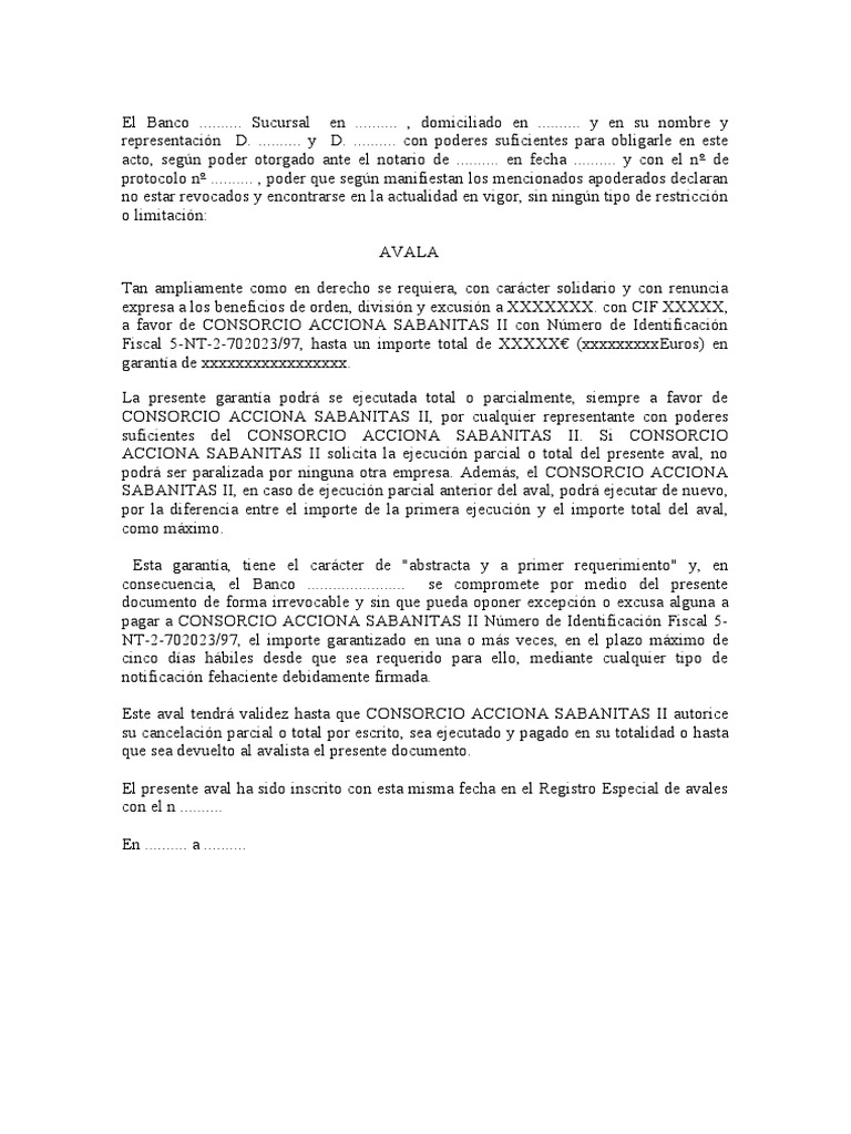 Modelo de Aval - Beneficiario Sabanitas A en Español | PDF