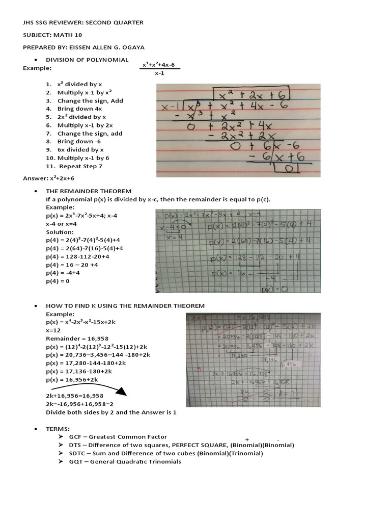 JHS SSG REVIEWER 2nd Q | PDF | Factorization | Elementary Mathematics