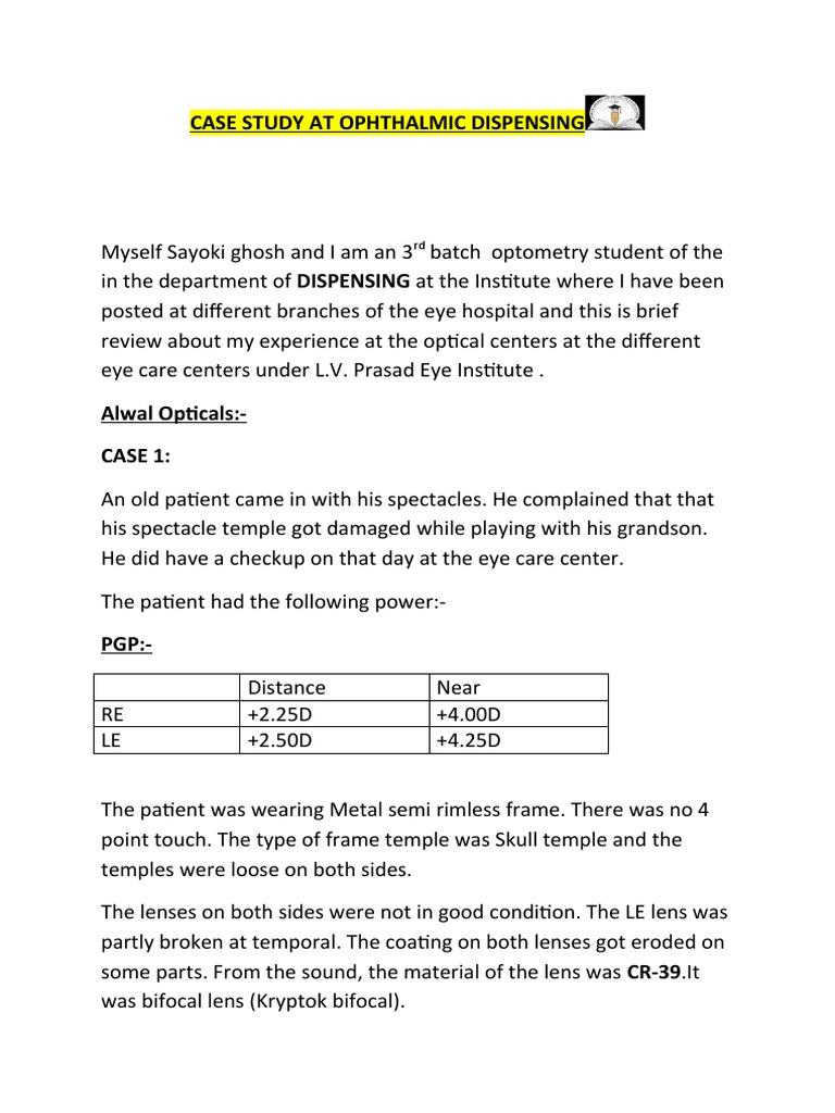 Ophthalmic Dispensing Case Studies | PDF | Glasses | Optometry