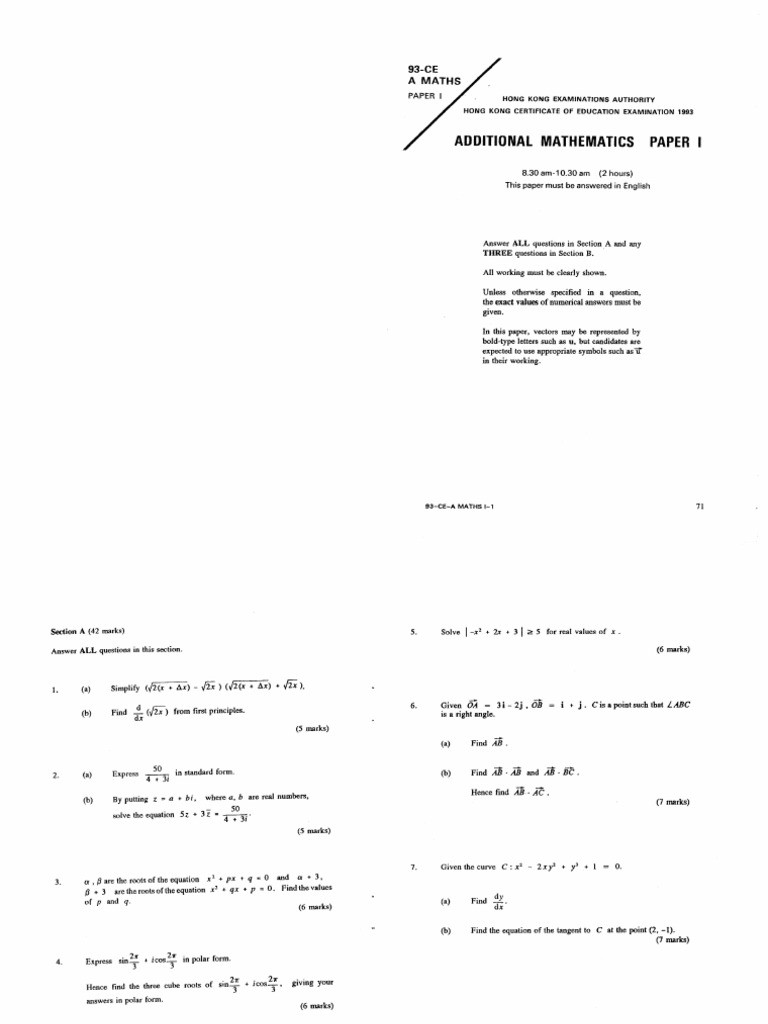 Hkcee Amath 1993 Paper 1 2 | PDF