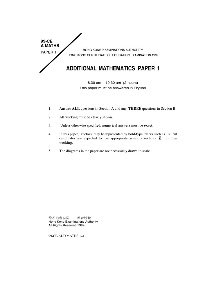 HKCEE 1999 Additional Mathematics Paper 1 | PDF | Angle | Complex Number