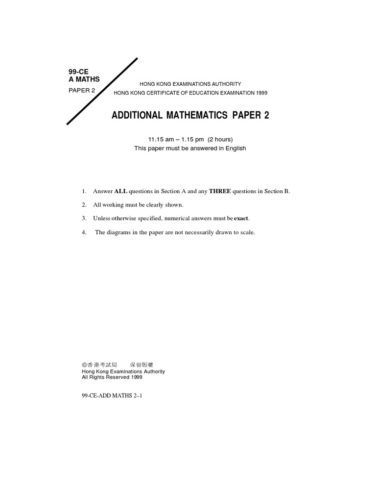 HKCEE AMath 1999 Paper 2 de | PDF | Equations | Tangent