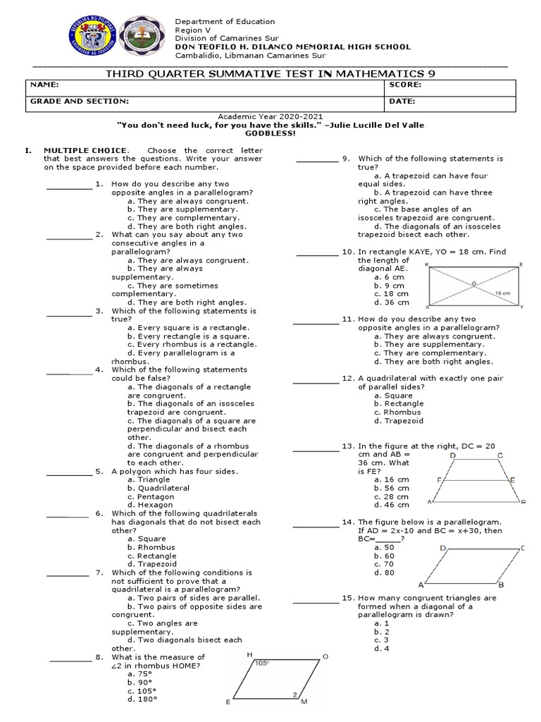 3rd Quarter Summative Test Math 9 | PDF | Rectangle | Elementary ...