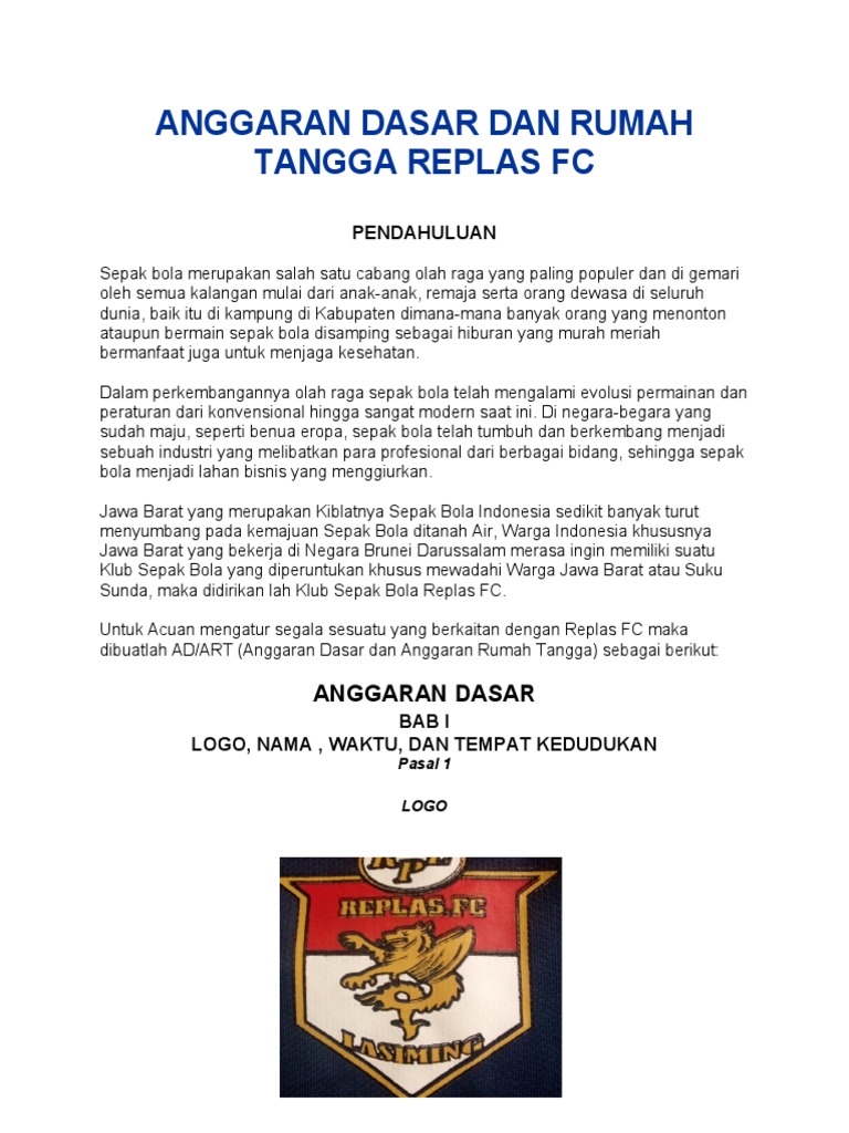 Anggaran Dasar Replas FC | PDF