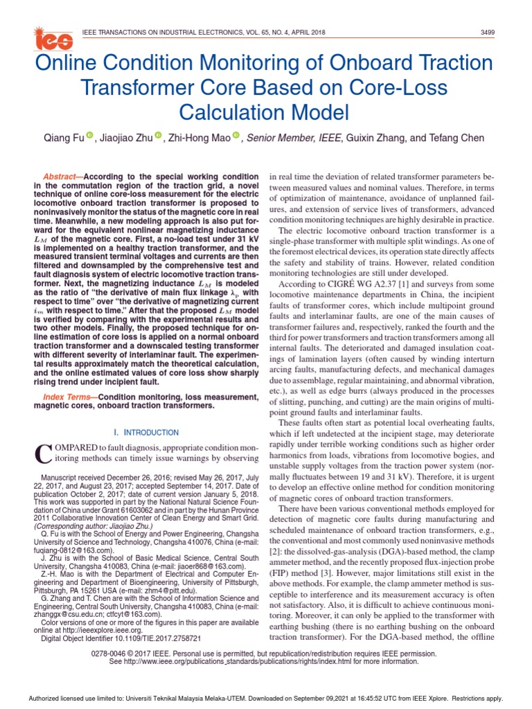 Online Condition Monitoring of Onboard Traction Transformer Core Based ...