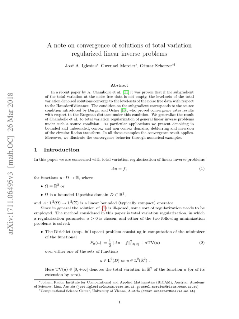 A Note On Convergence Of Solutions Of Total Variation Regularized Linear Inverse Problems Pdf