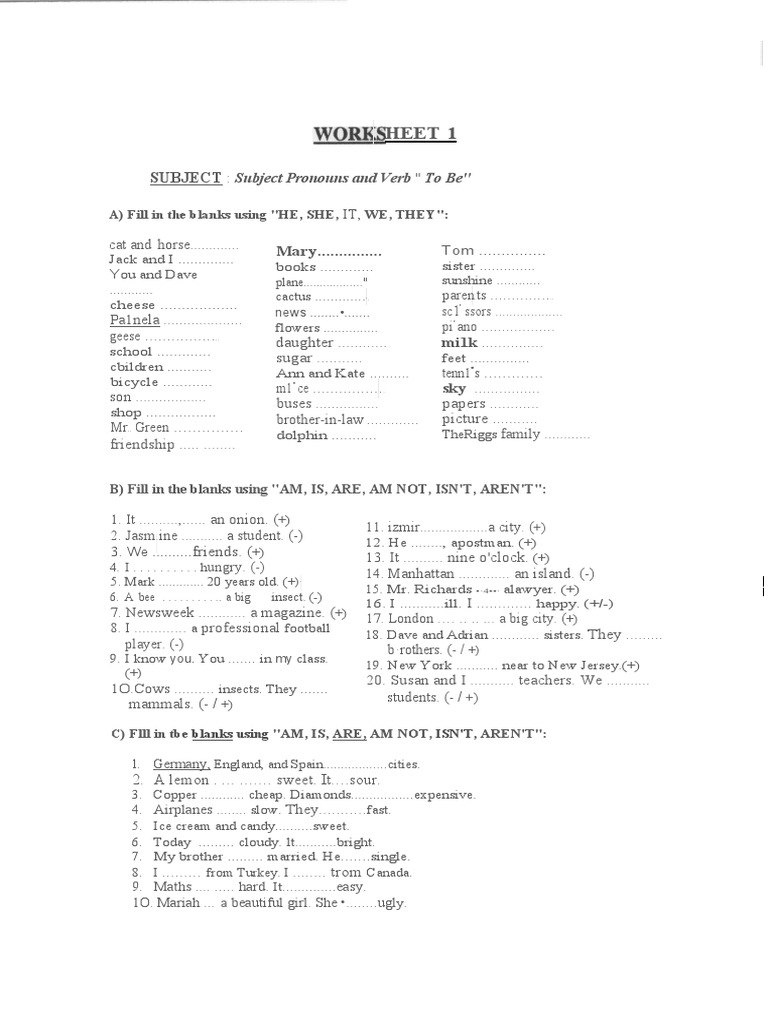 Subject Pronouns and Verb 'To Be': A Comprehensive Exercise on ...