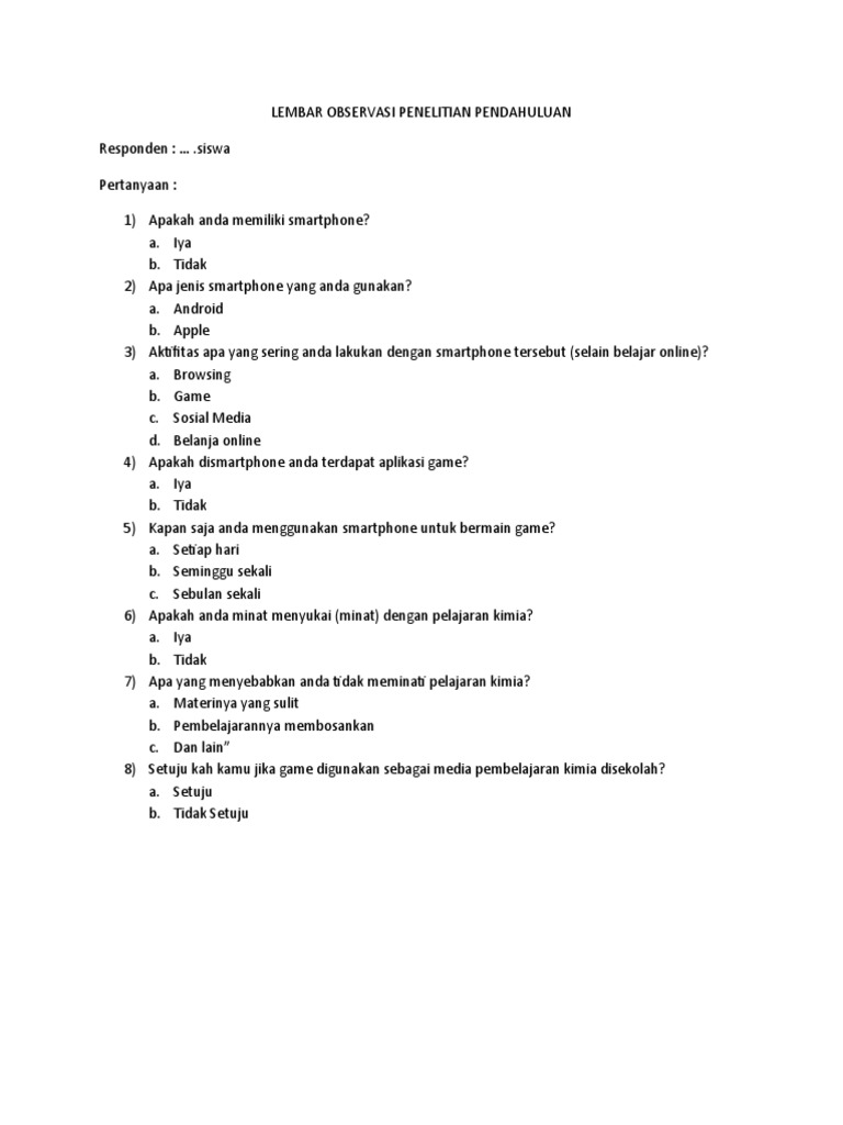 Lembar Observasi Penelitian Pendahuluan | PDF