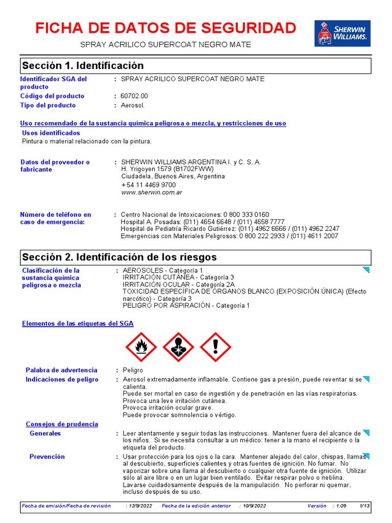 Hoja de Seguridad Spray Acrílico Sherwin | PDF | Residuos | Contaminación