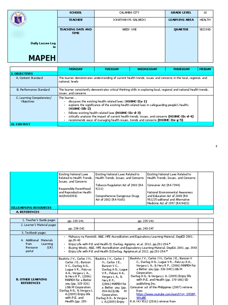 Grade 10 Health DLL Q2 Week 1 | PDF | Learning | Cigarette