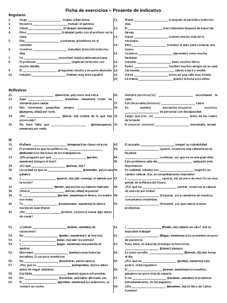 Ficha de Revisiones Presente de Indicativo Reg e Irreg | PDF
