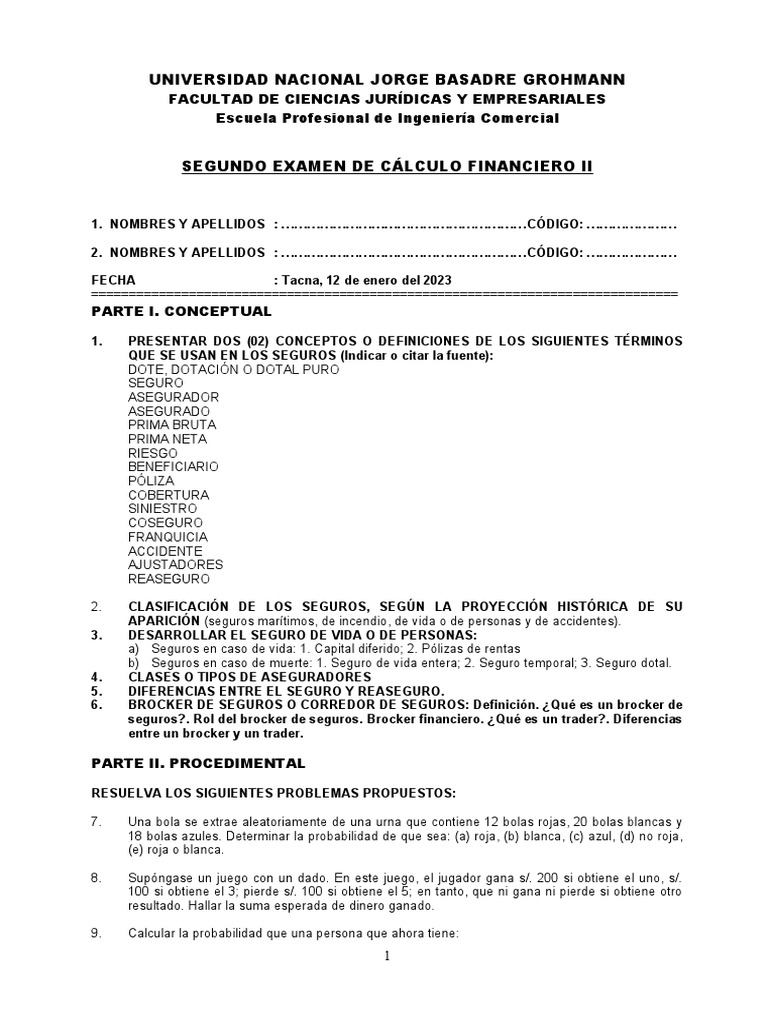 Examen de Cálculo Financiero II | PDF | Seguro | Reaseguro